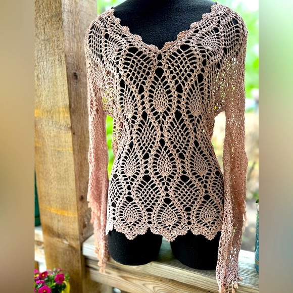 The Limited | Tops | The Limited Pink Open Weave Crochet Flare Beaded ...